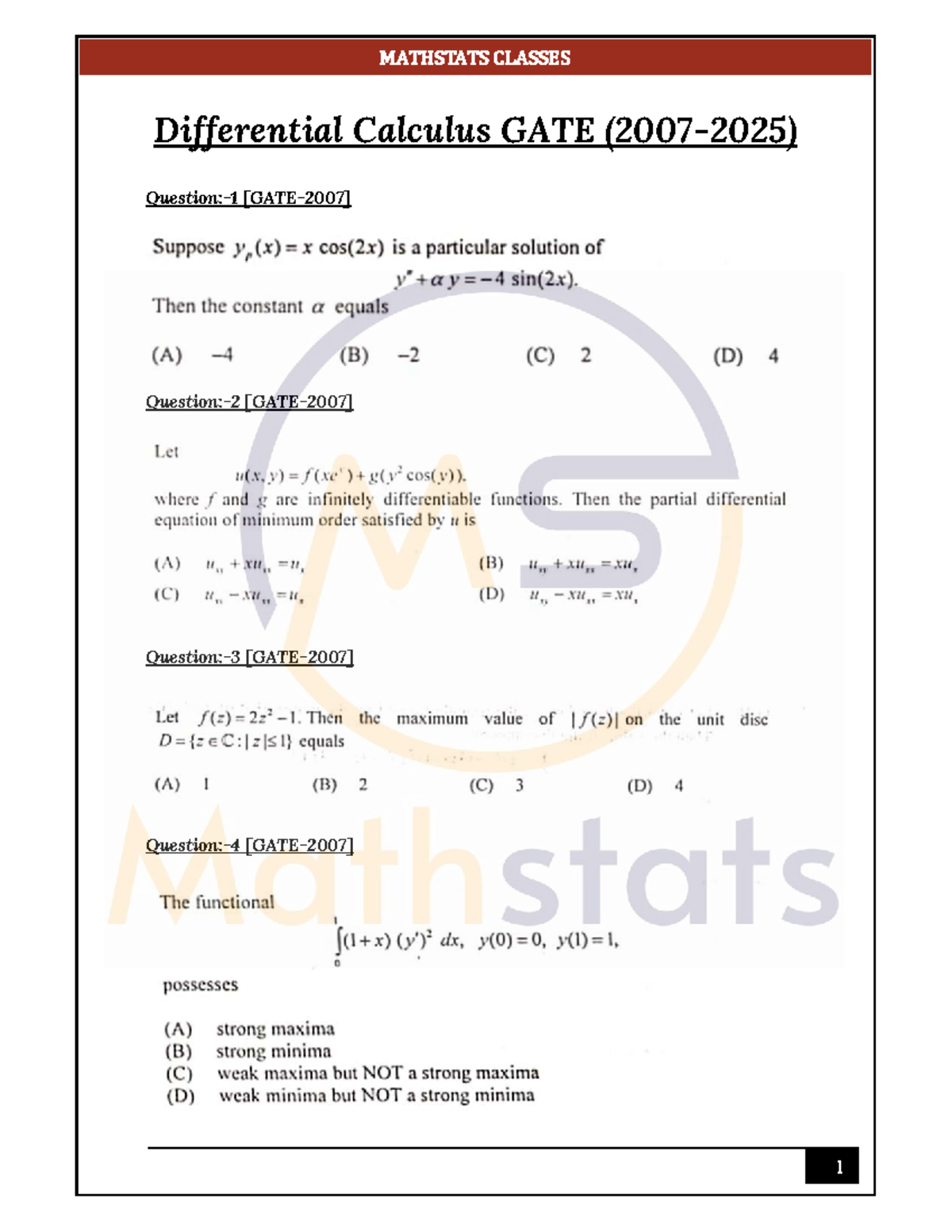 MATHSTATS CLASSES Differential Calculus GATE Overview (2007-2025) - Studocu