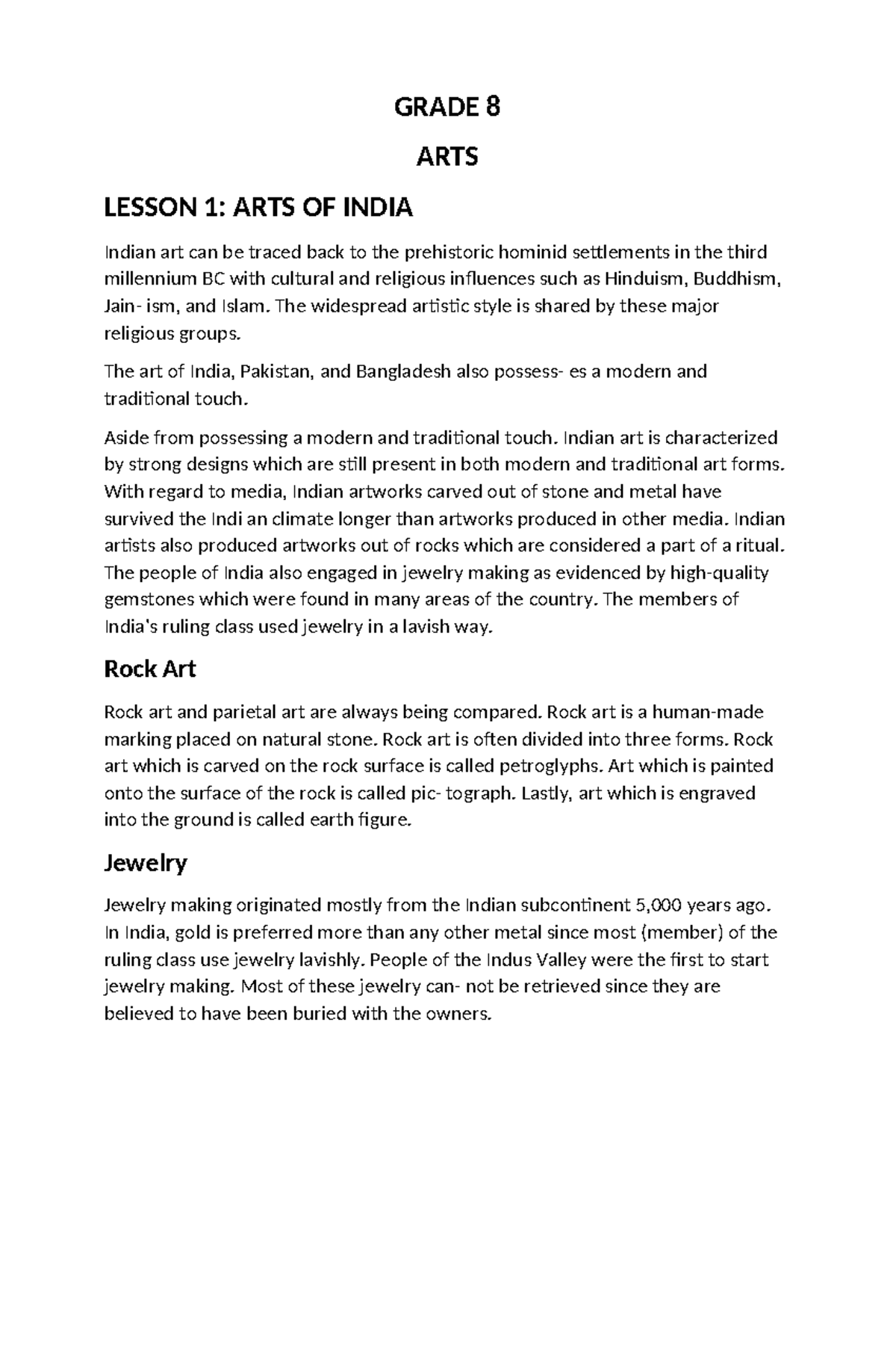 Grade 8 - Physical Education - GRADE 8 ARTS LESSON 1: ARTS OF INDIA ...