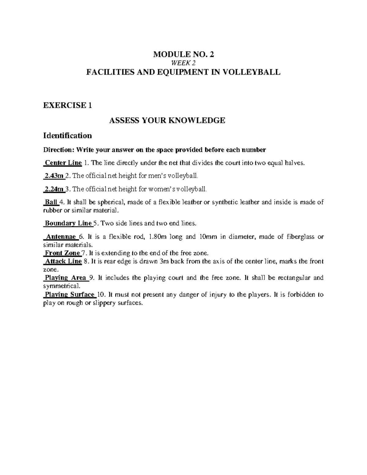Facilities & Equipment in Volleyball (Module 2, Week 2) - Studocu