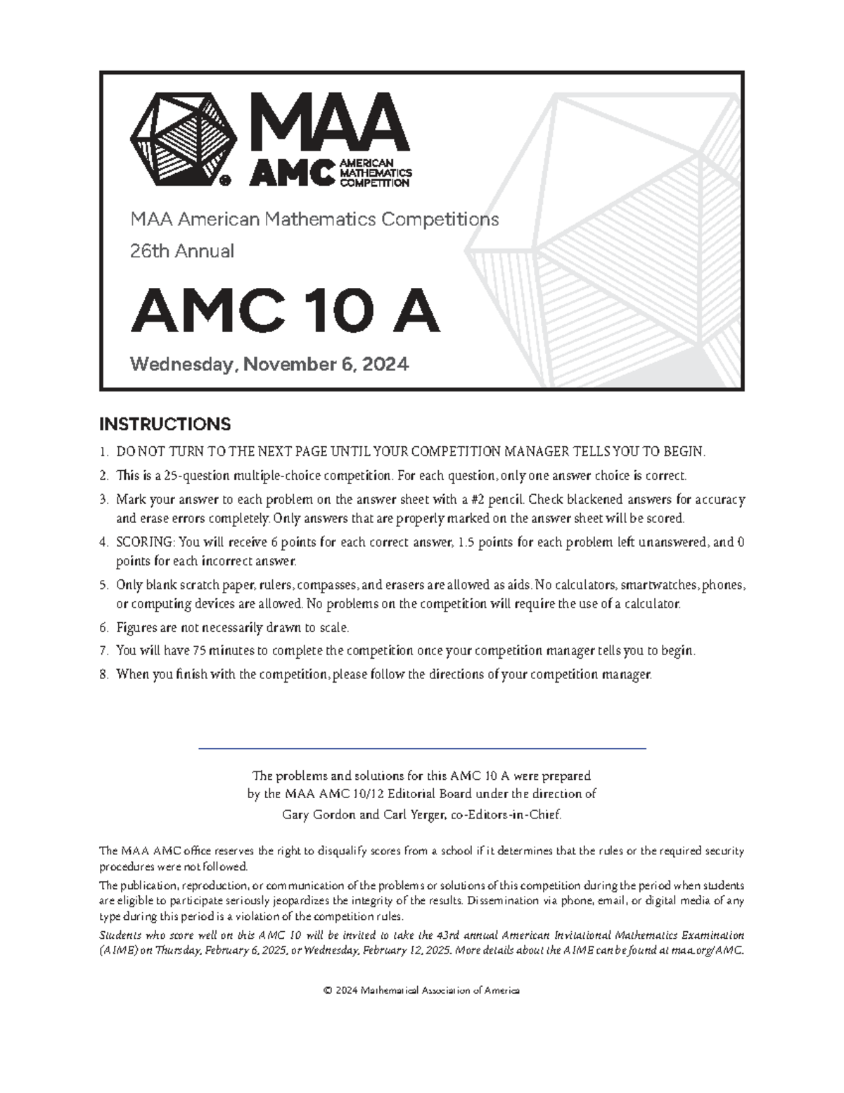 2024 MAA AMC 10 A Competition Instructions and Problems - Studocu