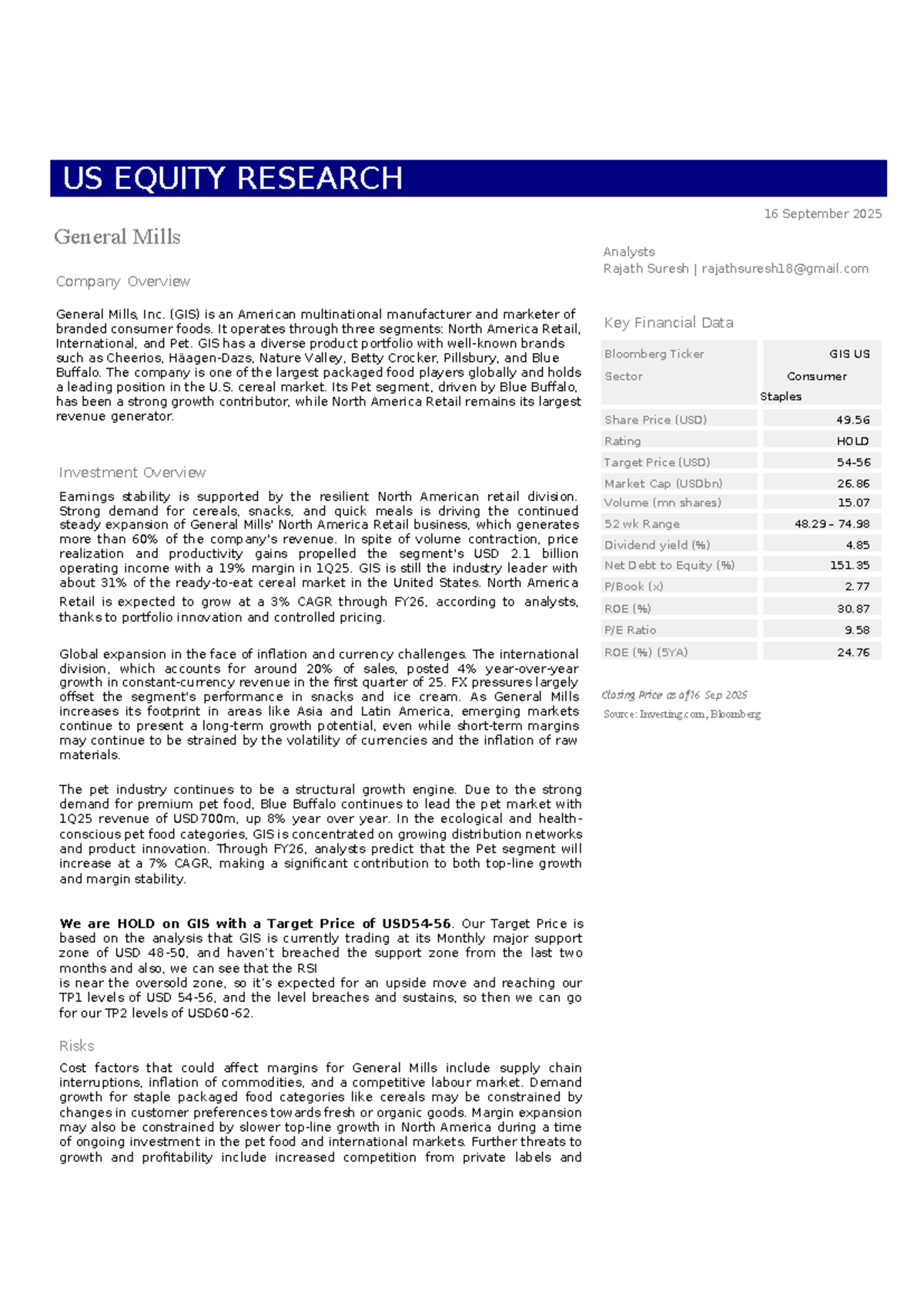 US EQUITY RESEARCH: General Mills Company Overview (GIS) - Sep 2025 - Studocu