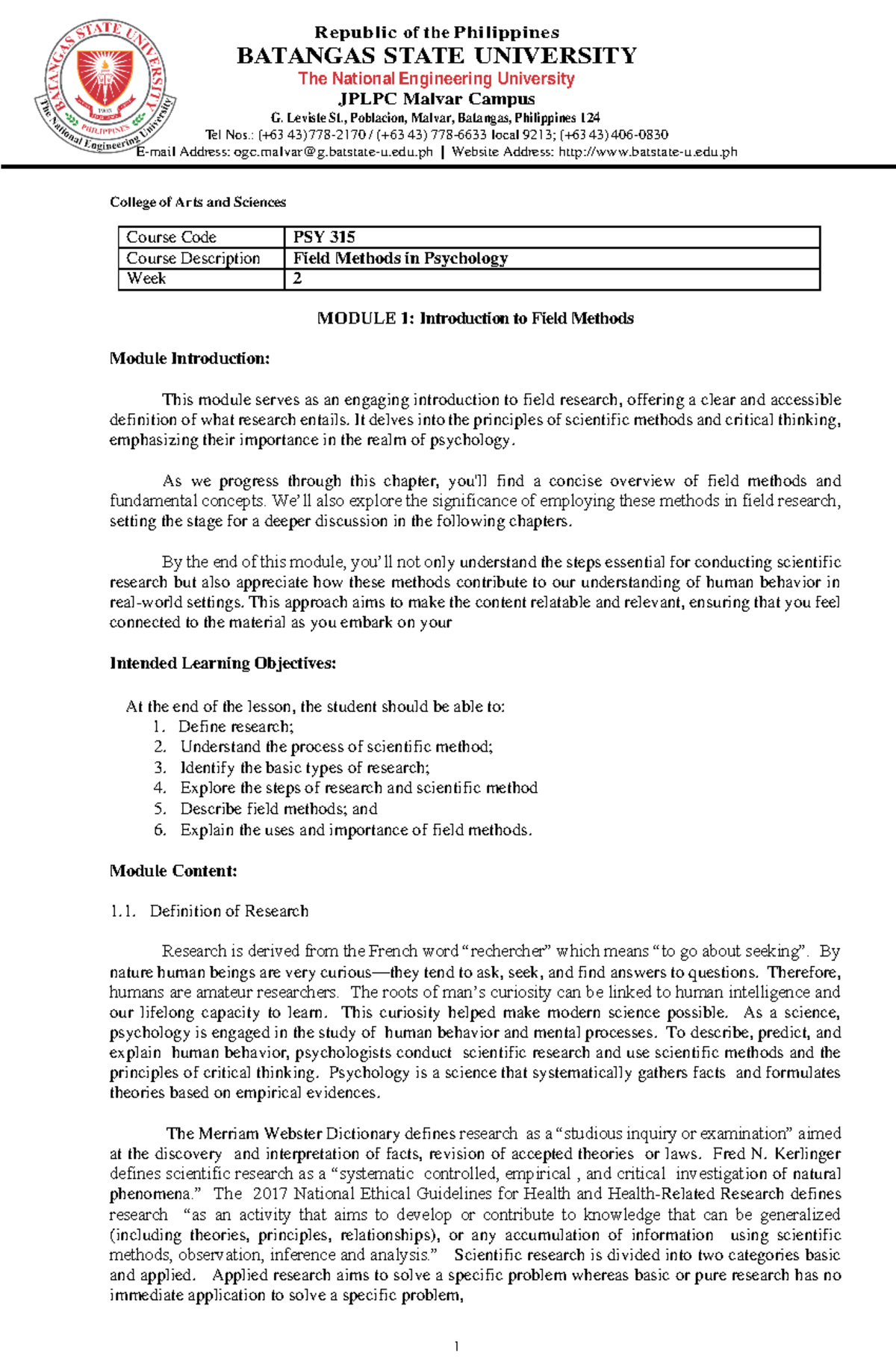 PSY 315 Module 1: Introduction to Field Methods in Psychology - Studocu