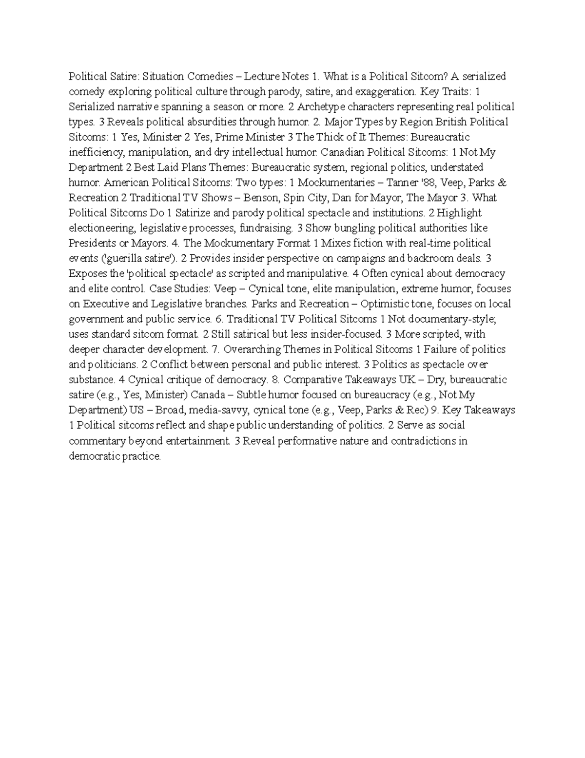 Poli Sci 2144A: Political Satire in Sitcoms Lecture Notes - Studocu