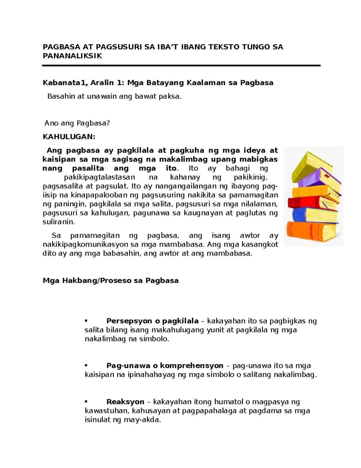 PAGBASA AT PAGSUSURI SA IBANG TEKSTO: Kabanata 1, Aralin 1 Lecture ...