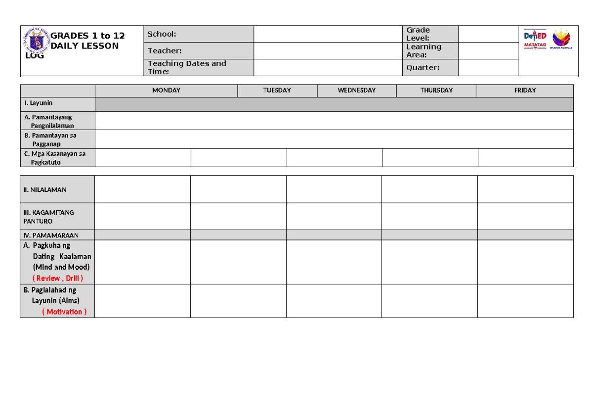 DLL-Sample - none - GRADES 1 to 12 DAILY LESSON LOG School: Grade Level: Teacher: Learning Area ...