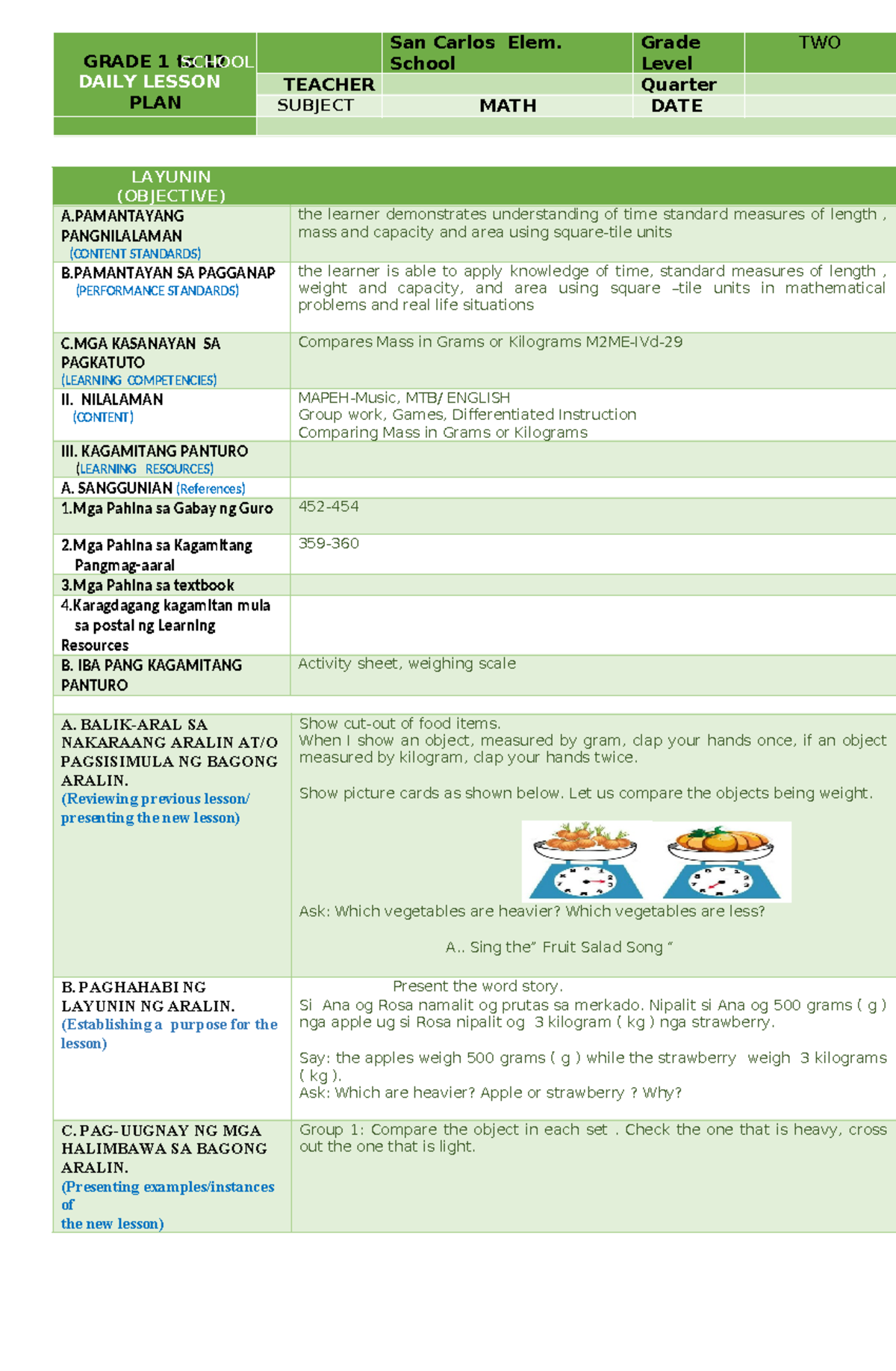 MATH 2-COT-4Q - Daily Lesson Plan on Comparing Mass for Grade 2 - Studocu