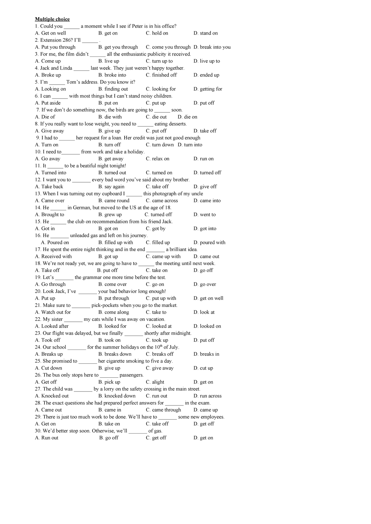 Phrasal Verbs Quiz 1 - MCQ Practice for ESL Students - Studocu