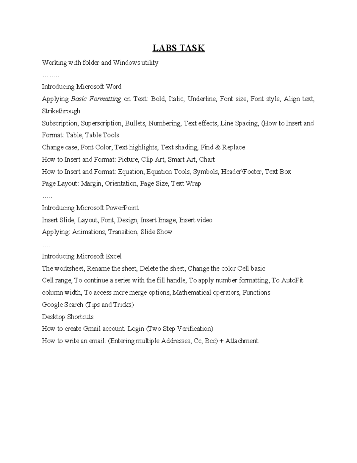 LABS TASK: Microsoft Office Basics & Google Search Tips - Studocu