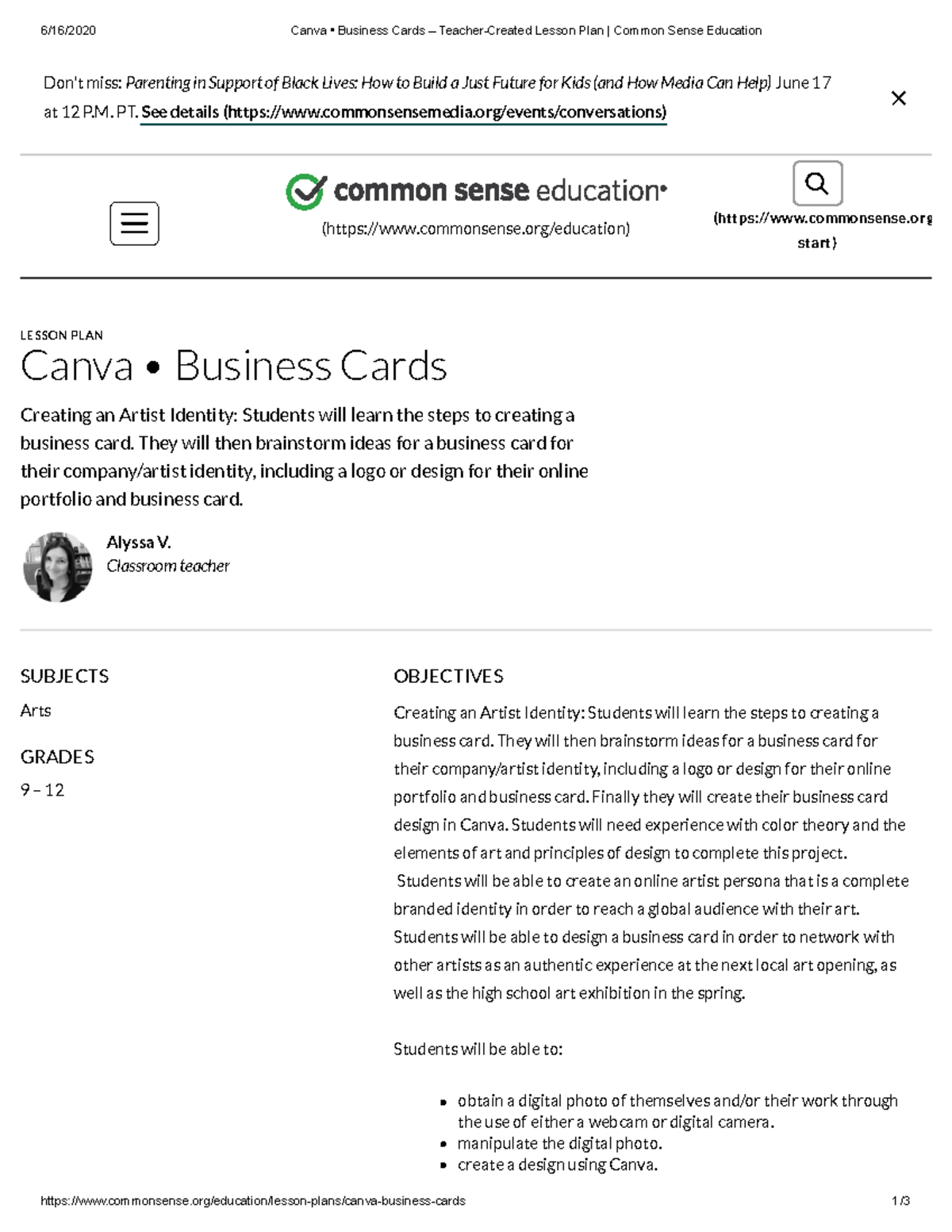 Canva Business Cards Lesson Plan for Grades 9-12 by Common Sense ...