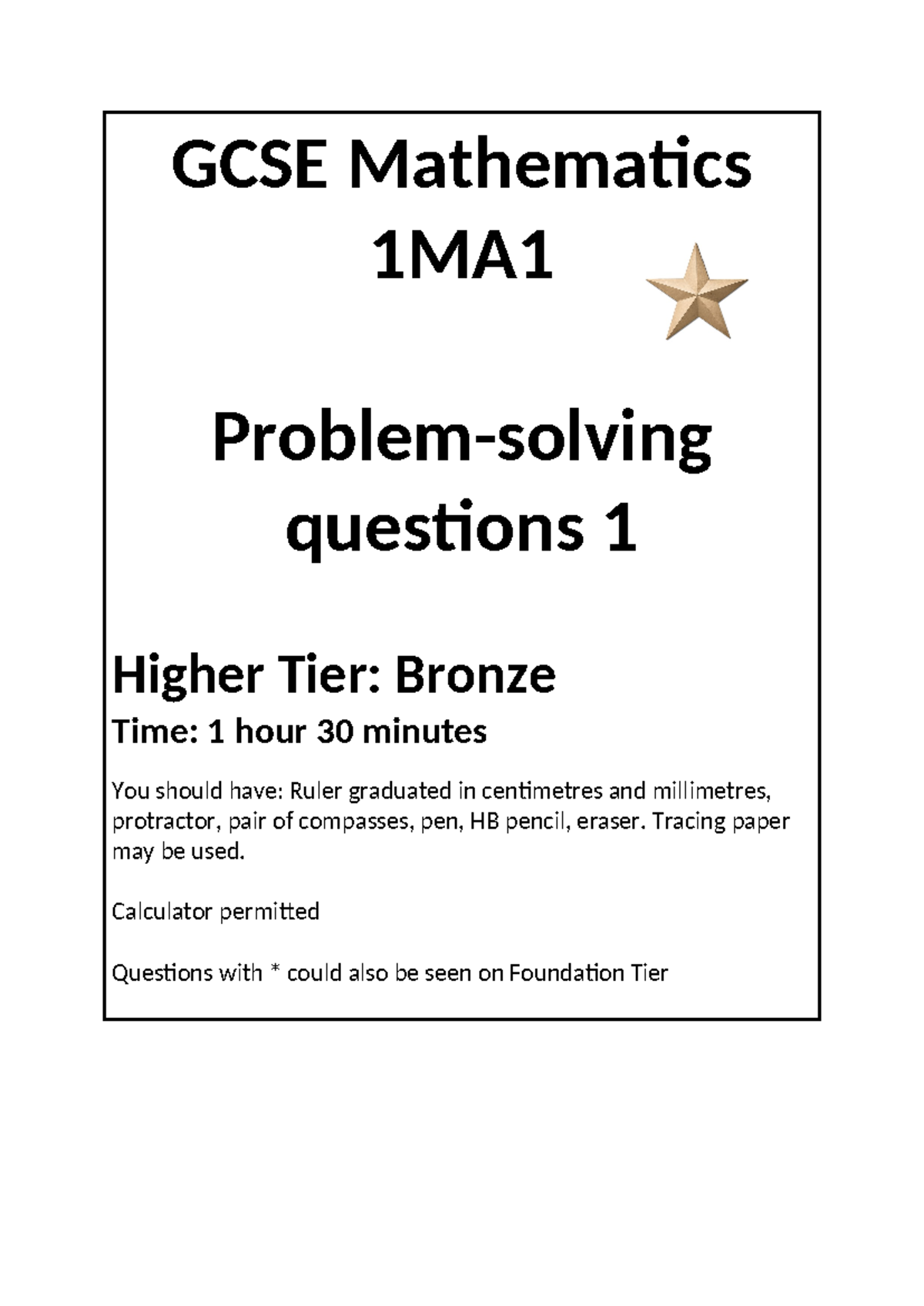 GCSE Maths 1MA Higher Tier Problem Solving: Bronze Paper - Studocu