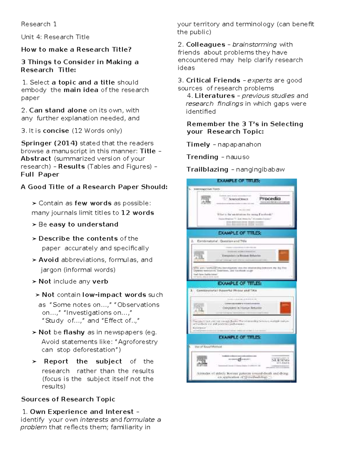 Research 1: Crafting Effective Research Titles - Unit 4 Guide - Studocu