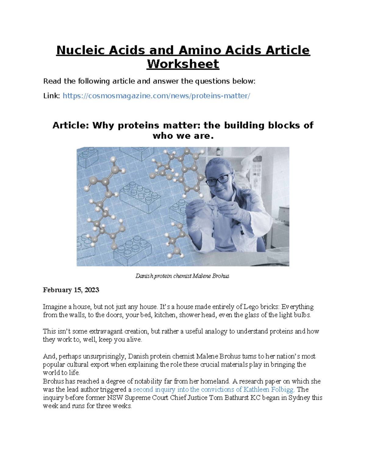 Nucleic Acid and Amino Acid Article Worksheet - Nucleic Acids and Amino ...