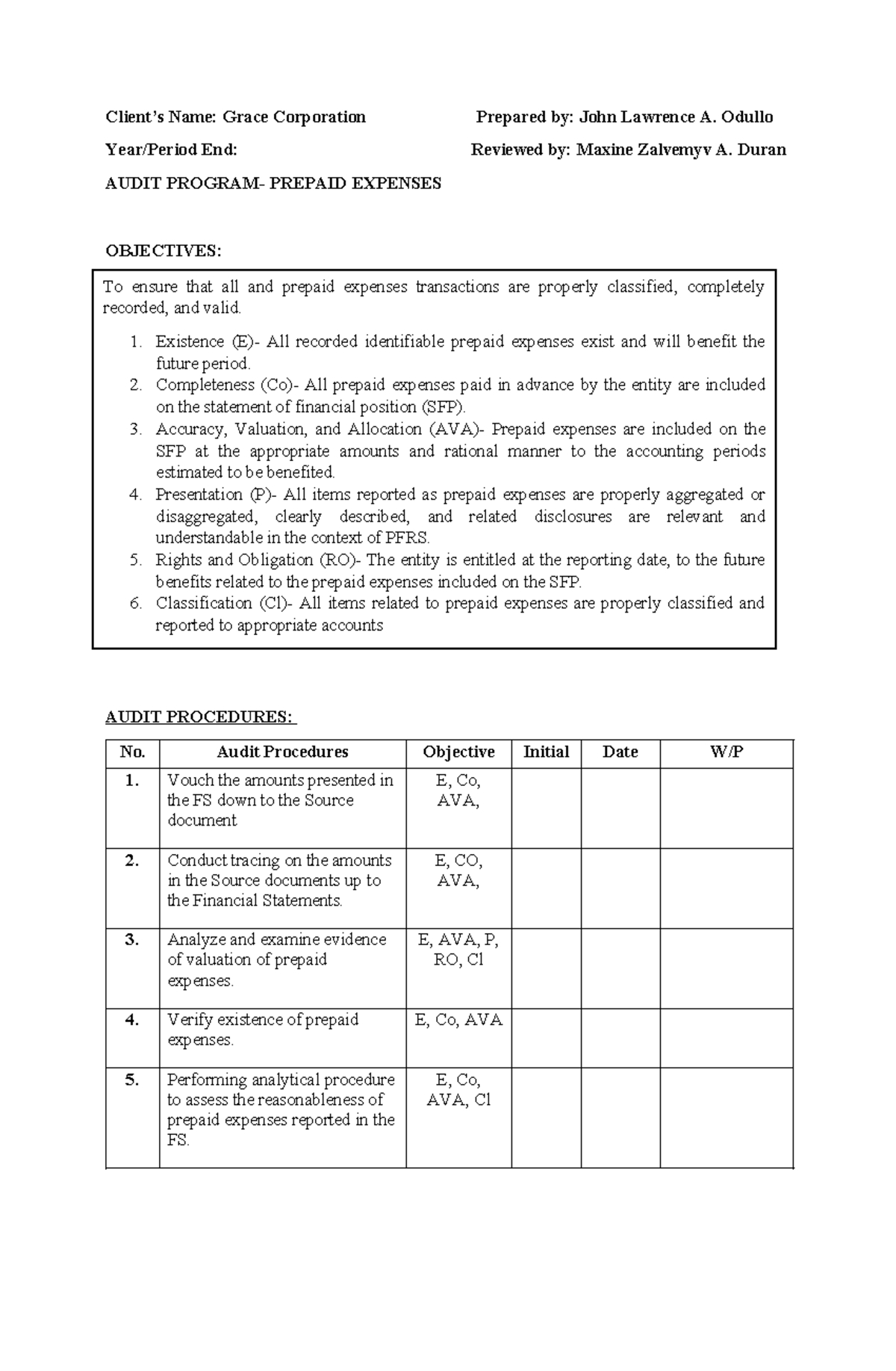 Audit Program for Prepaid Expenses - Grace Corp (AUDIT) - Studocu