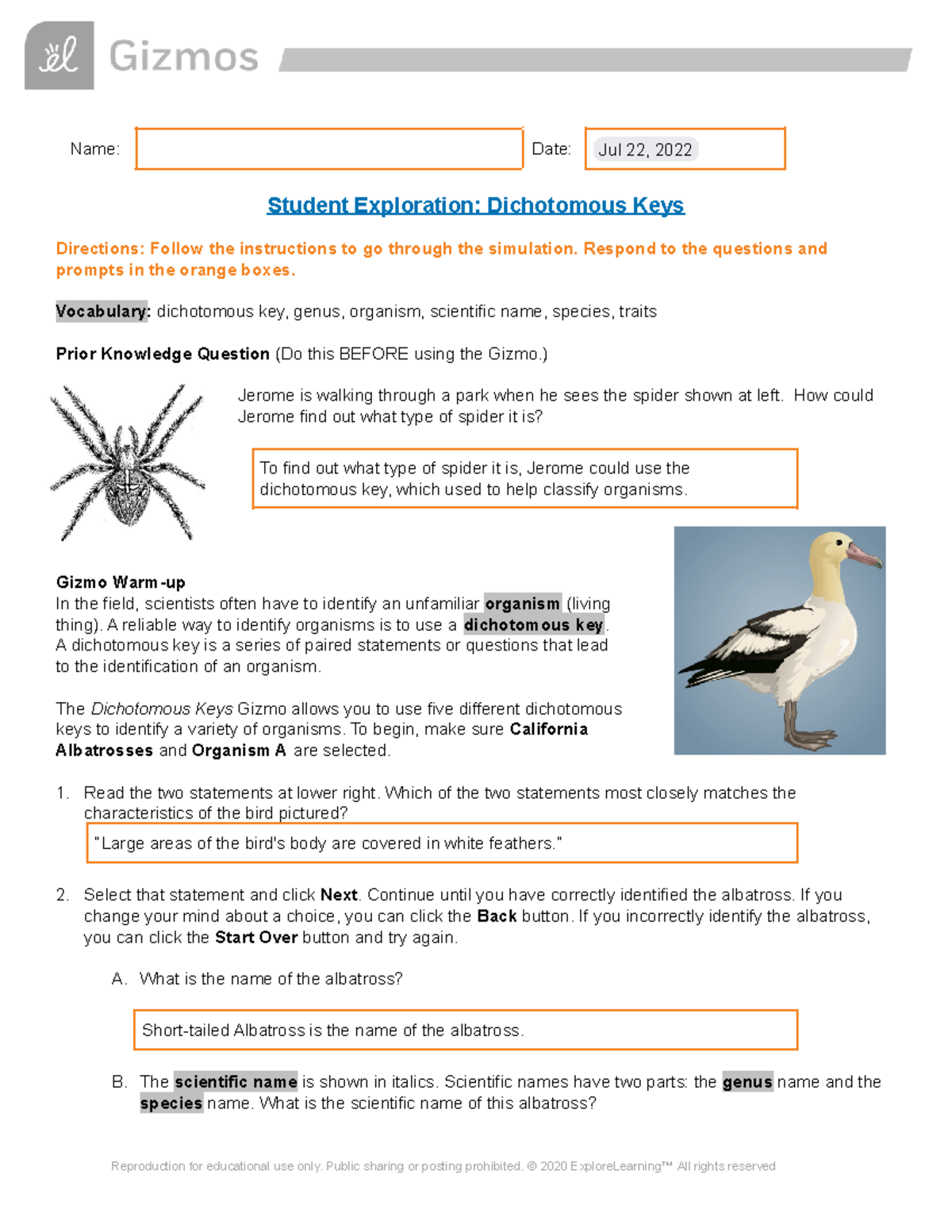 Dichotomous Key SBI3U - Name: Date: Jul 22, 2022 Student Exploration ...