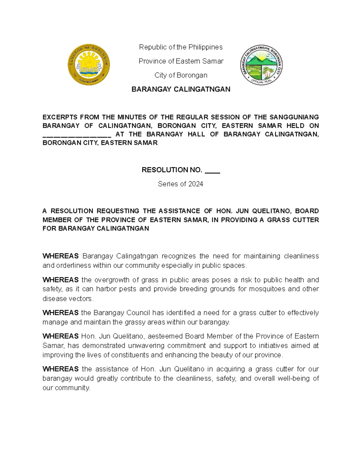 Resolution Requesting Grass Cutter Assistance for Barangay Calingatngan ...