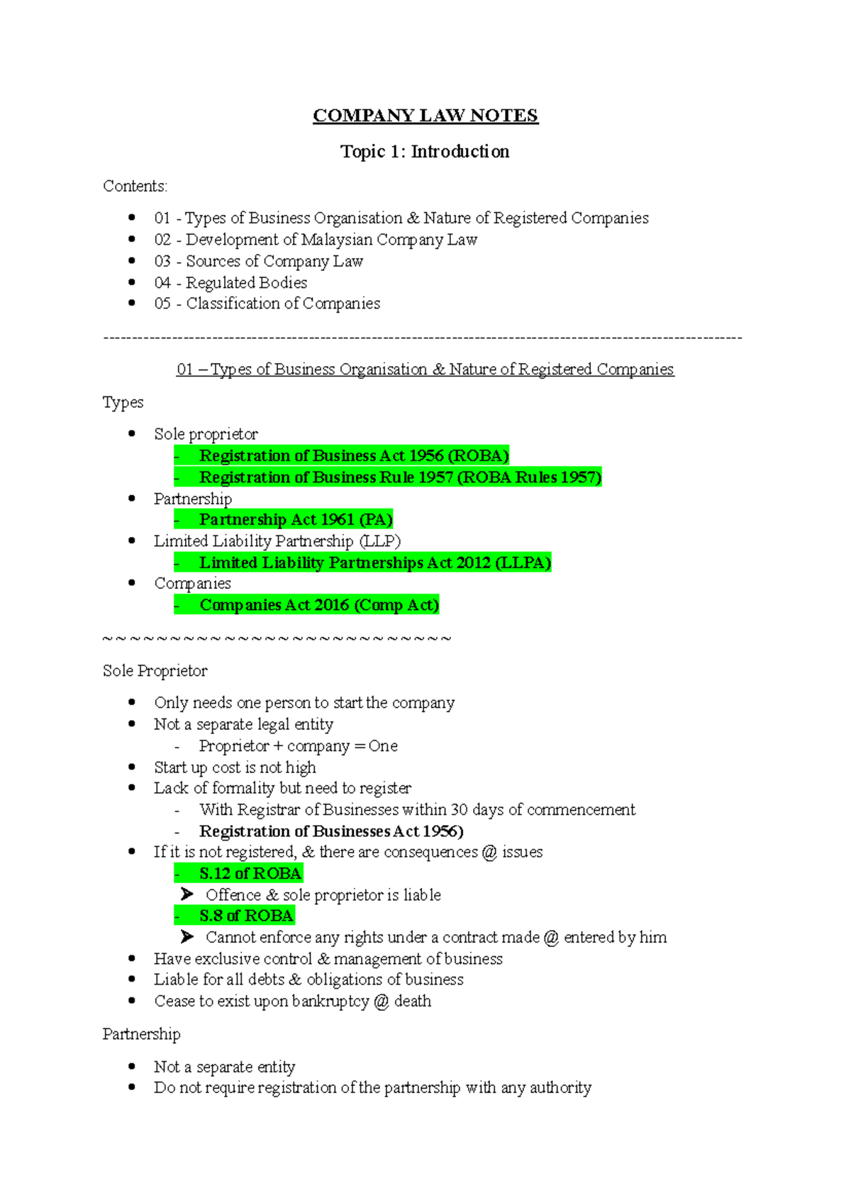 COMPANY LAW NOTES (CL101) - Midterm Overview & Key Concepts - Studocu