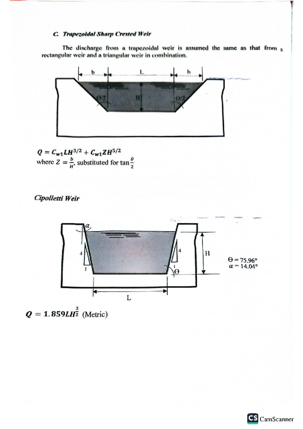 Hydraulics CS: Trapezoidal Weir Discharge Calculations - Studocu