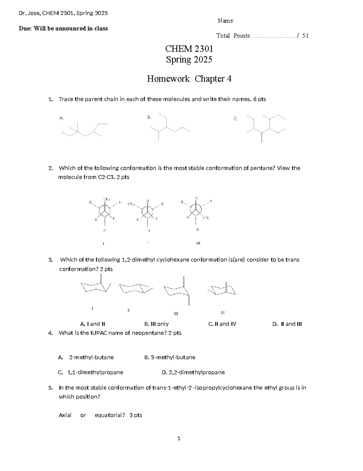 CHEM 2301 Homework Assignment: Chapter 4 Questions & Exercises - Name ...