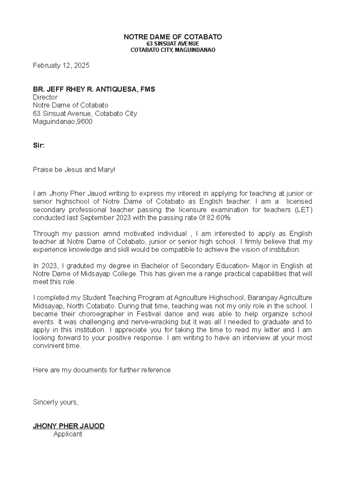 Application letter notre dame of cotabato - NOTRE DAME OF COTABATO 63 ...