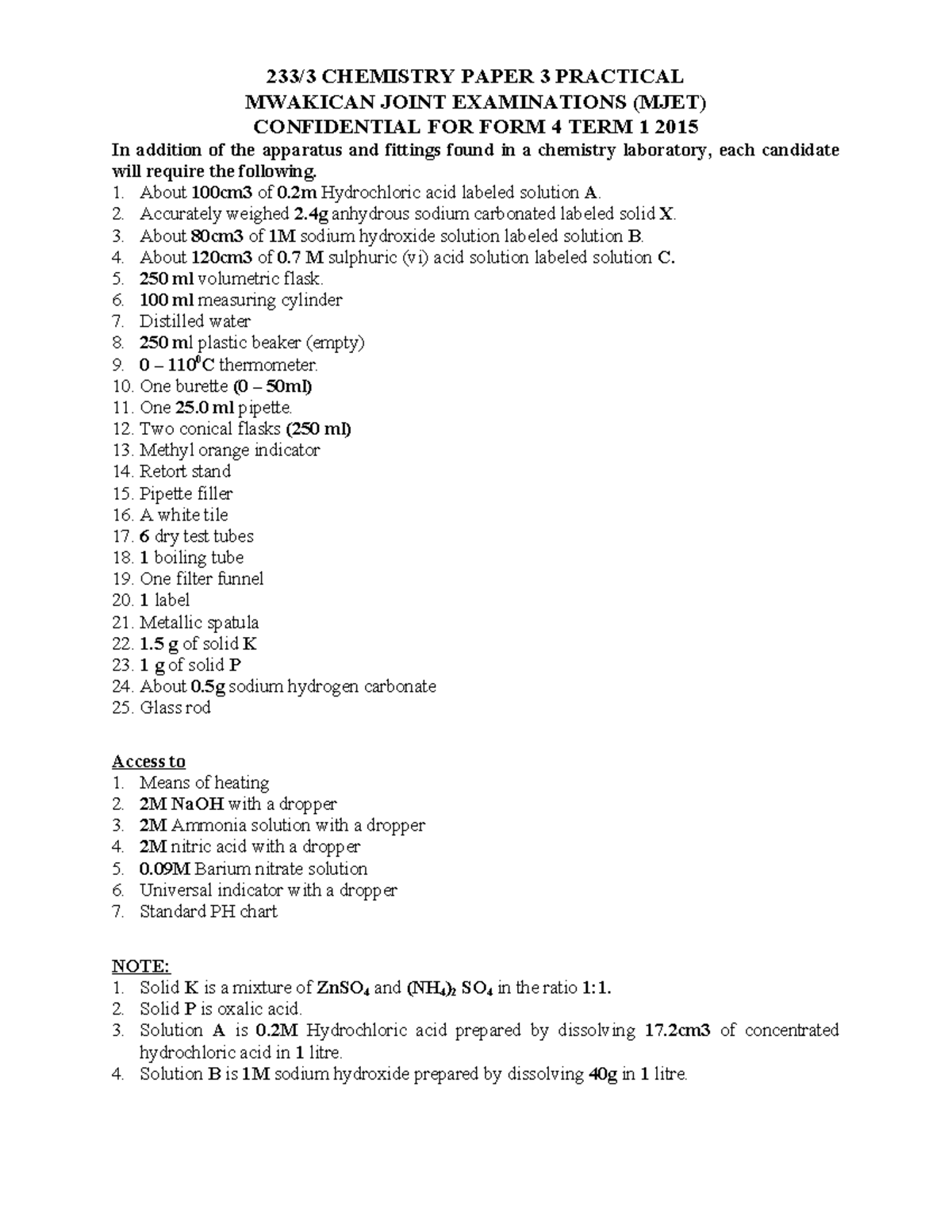 Chemistry Form 4 Practical Paper 3 (MJET) Confidential 2015 - Studocu