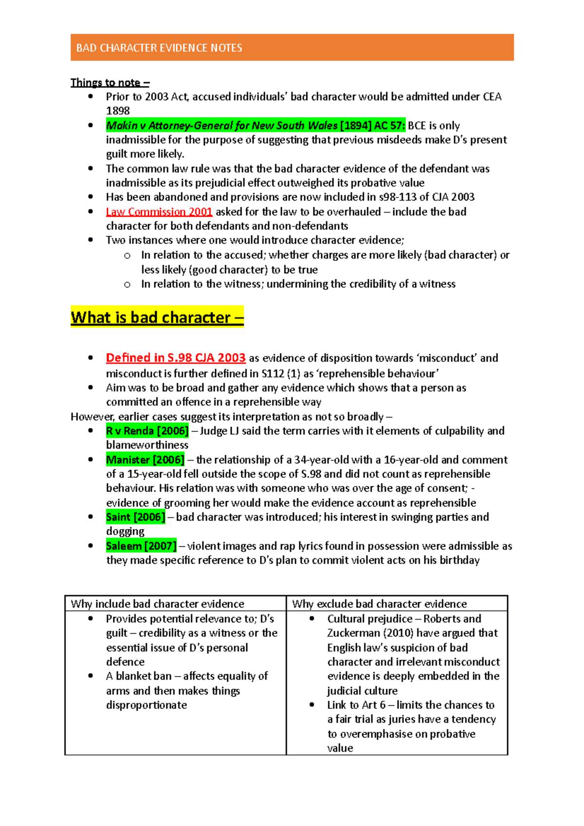 Bad Character Evidence notes - Things to note – Prior to 2003 Act ...