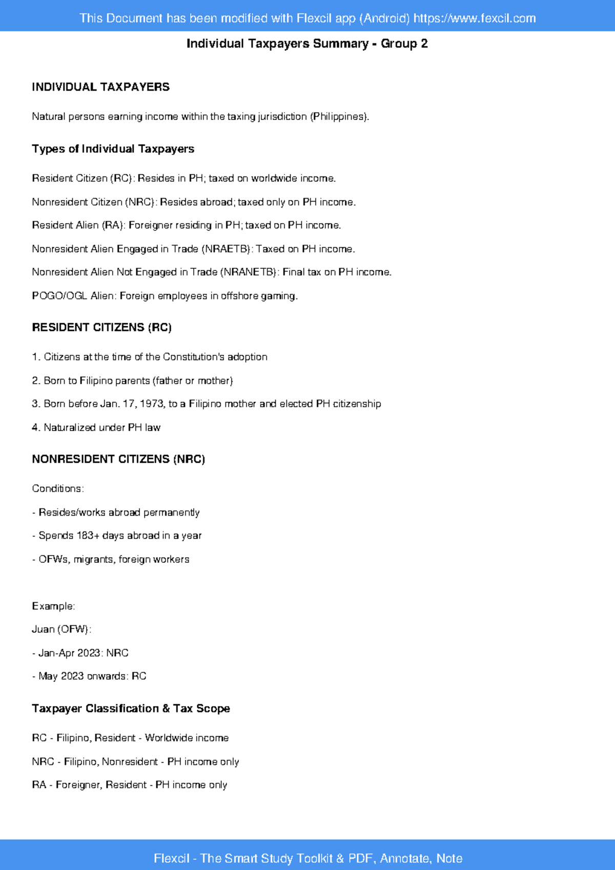 Individual Taxpayers Summary Group 2 - Philippines Taxation Guide - Studocu