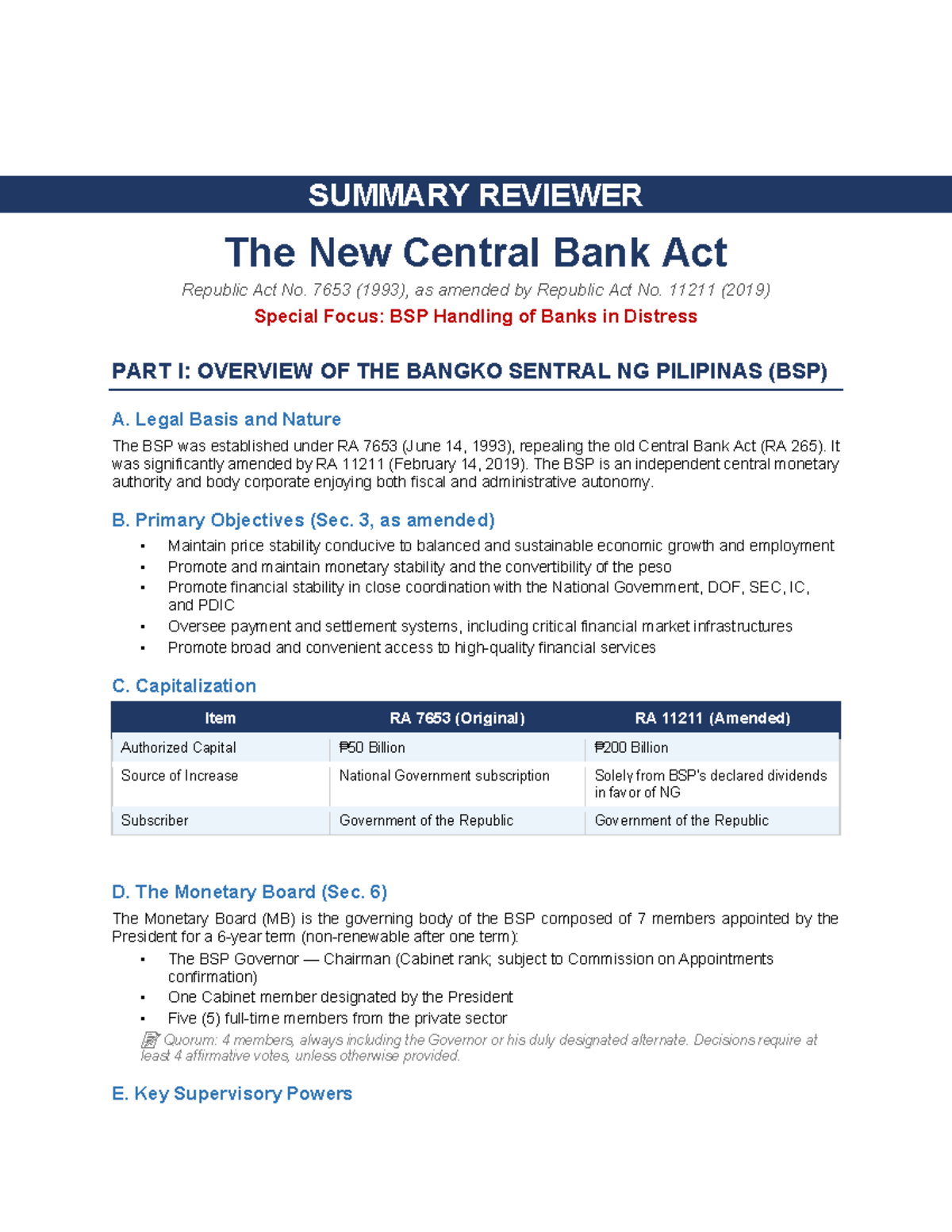 Central Bank Act Reviewer: RA 7653 & RA 11211 Summary Insights - Studocu