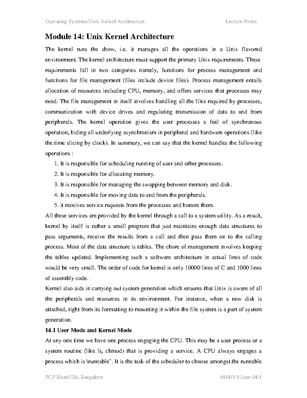 Operating Kernel Architecture Lecture Notes: Unix Kernel Overview - Studocu