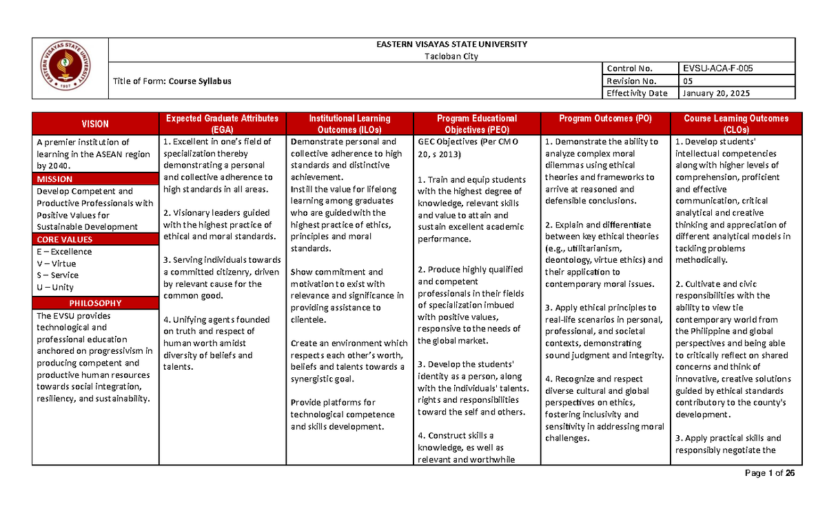 Ethics Syllabus (MW 7-8:30 PM) - Eastern Visayas State University - Studocu