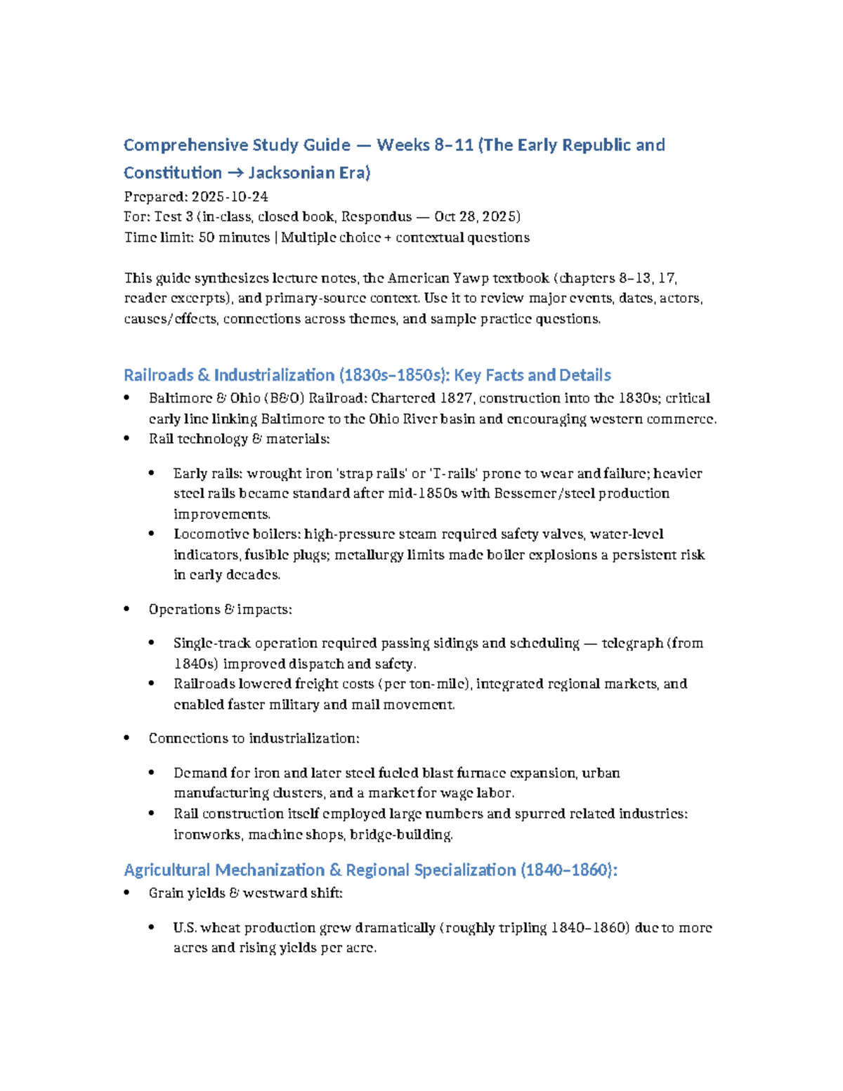 Comprehensive Study Guide for Test 3: The Early Republic & Jacksonian ...
