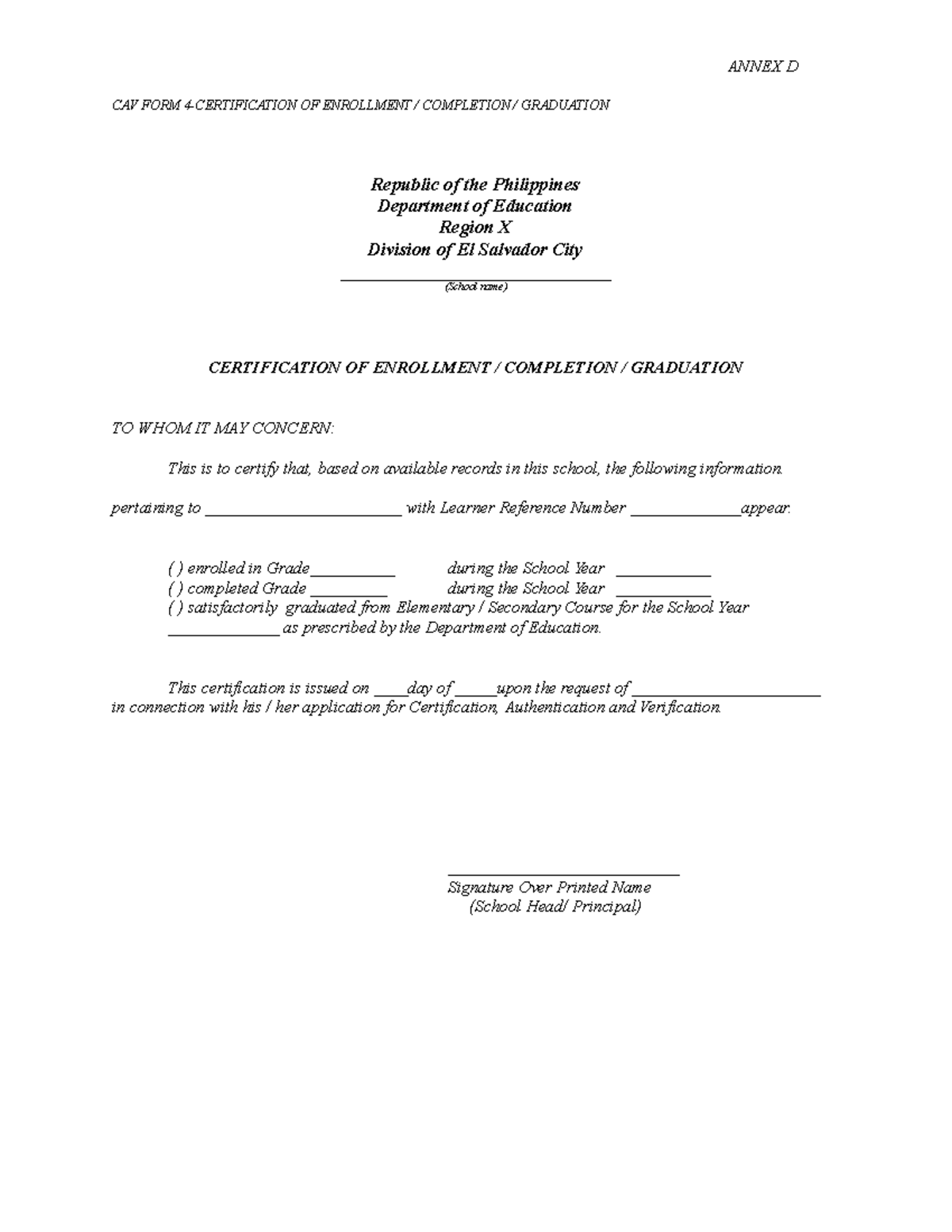 CAV-FORM-4- Certification-OF- Enrollment Completion Graduation - ANNEX ...