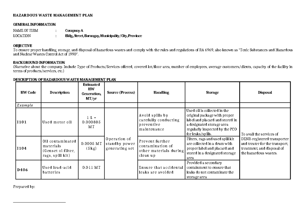 Hazardous Waste Management Plan Overview - Company A (HW Reg. Template ...