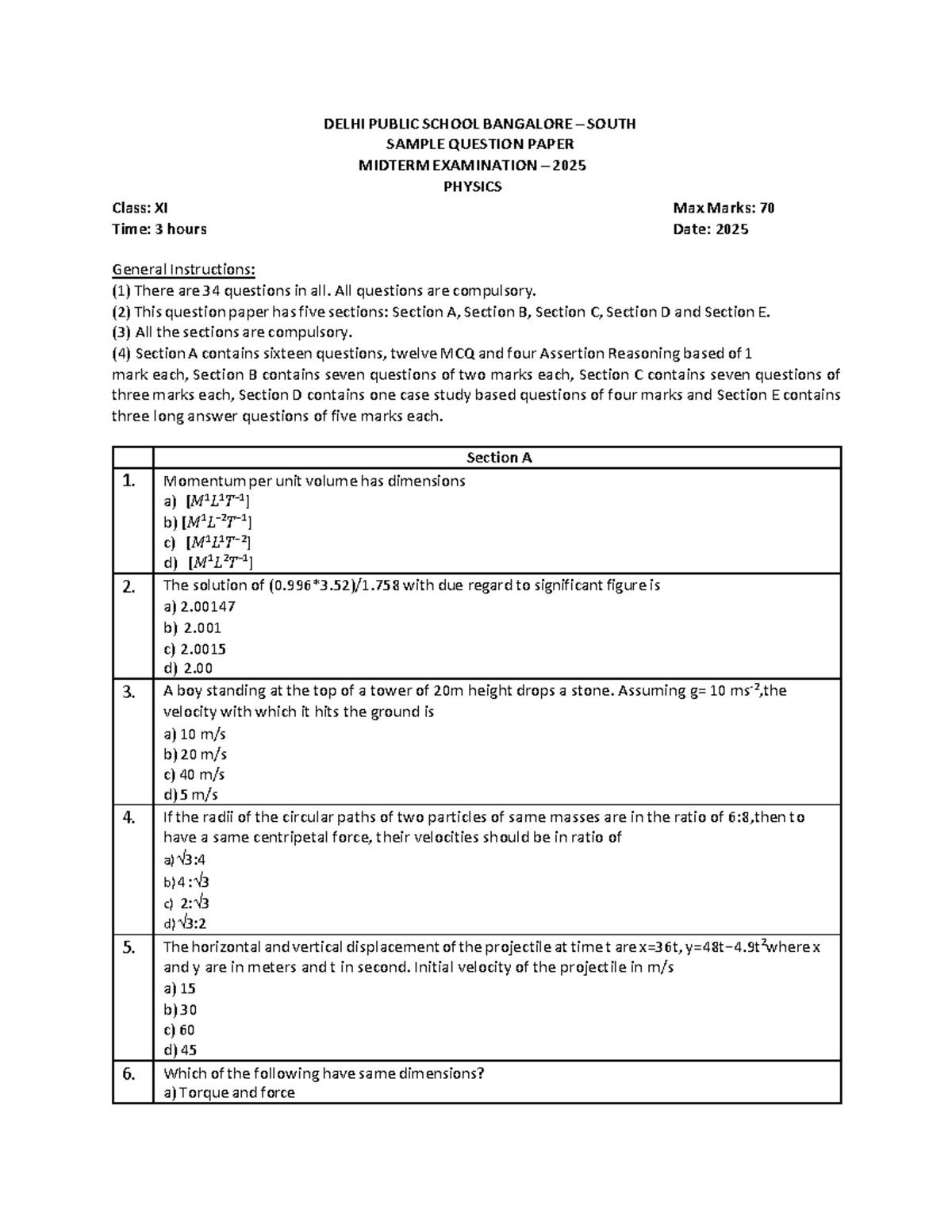 DELHI PUBLIC SCHOOL BANGALORE SOUTH PHYSICS MIDTERM SAMPLE QP 2025 - Studocu