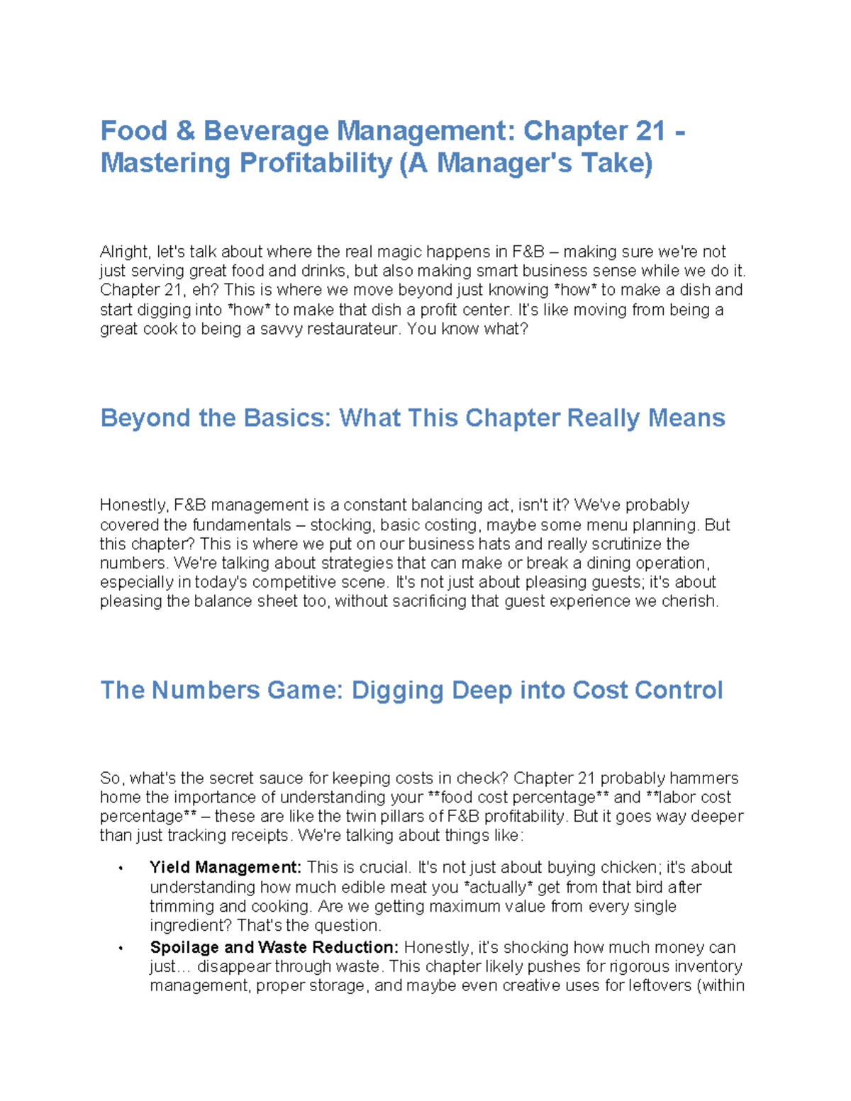 F&B Management: Chapter 21 Profitability Insights and Strategies - Studocu