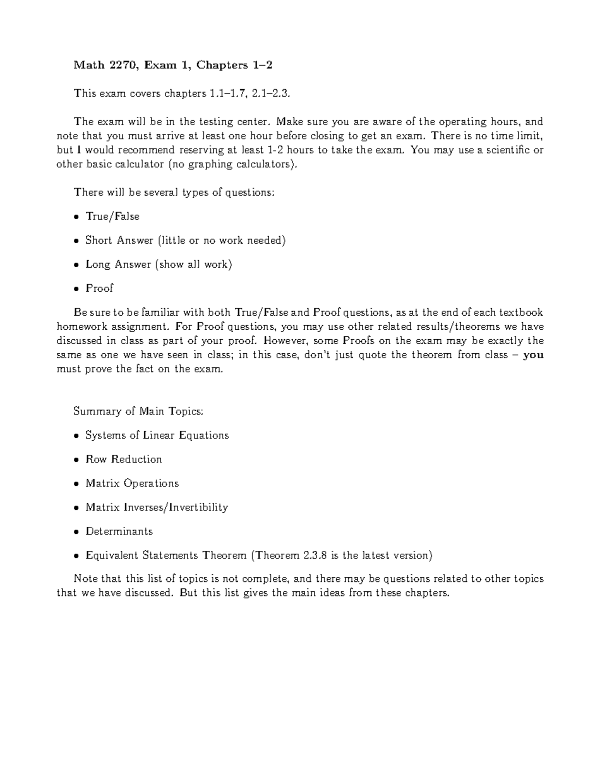 Math 2270, Exam 1 Study Guide: Chapters 1-2 Overview - Studocu