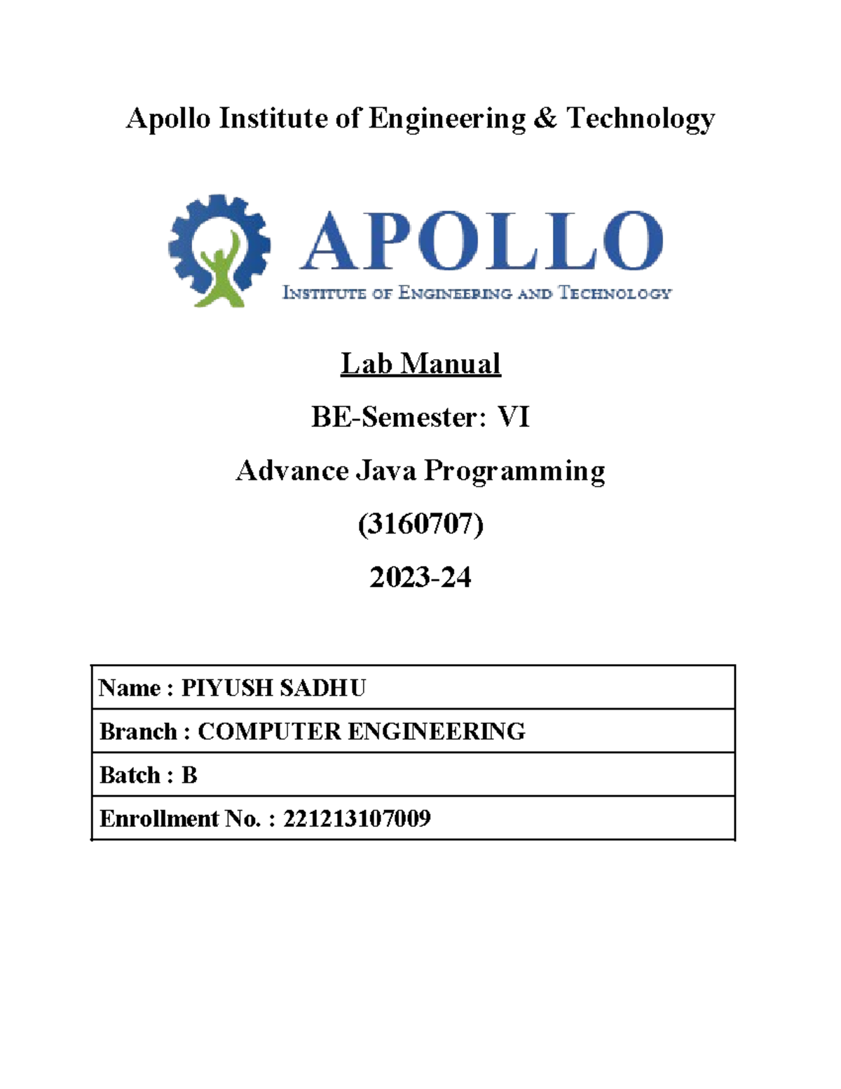 Advance Java Programming Lab Manual (3160707) - Semester VI - Studocu