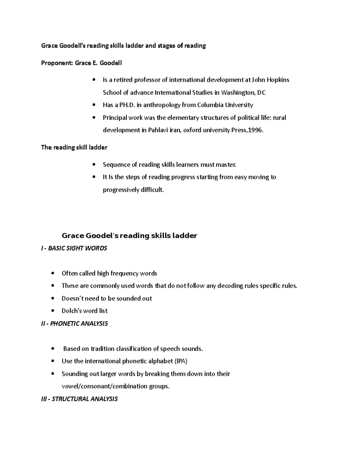 Grace Goodell's Stages of Reading for Teaching Assessment - Studocu