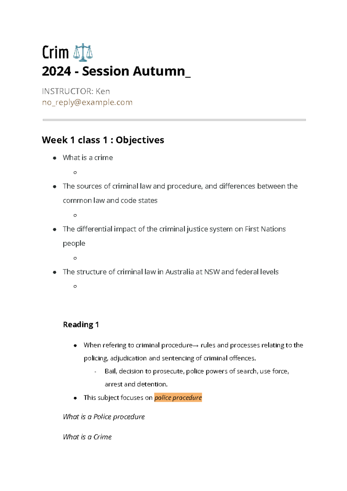 Crim 2024: Week 1 & 2 Lecture Notes on Criminal Law & Procedure - Studocu