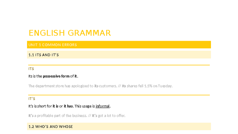 English Grammar Semester 1: Common Errors and Usage - Studocu