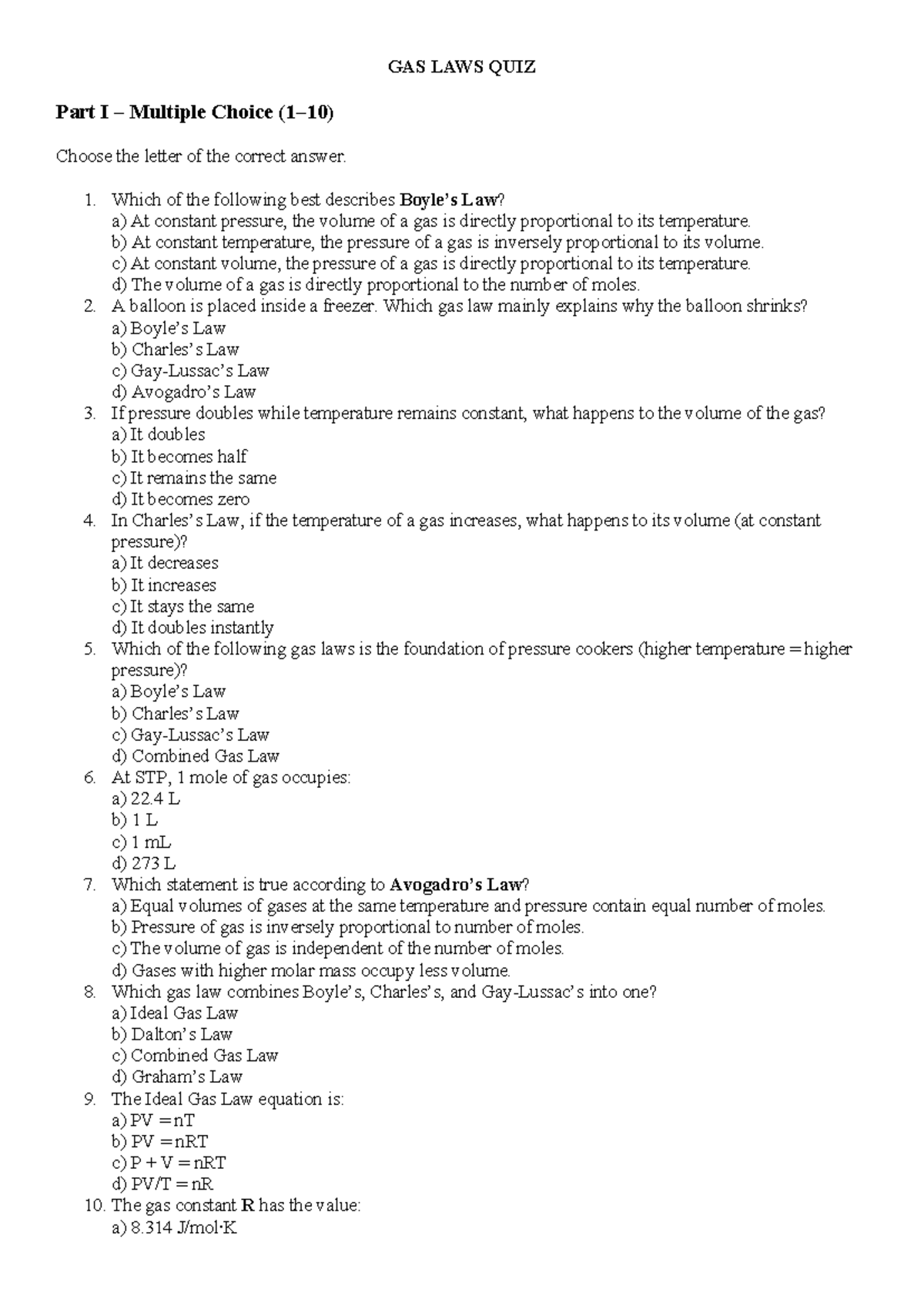 GAS LAW QUIZ (CHEM 101) - Multiple Choice & Problem Solving - Studocu