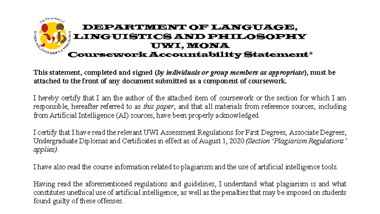 UWI, MONA - Coursework Accountability Statement (FSS) - Studocu