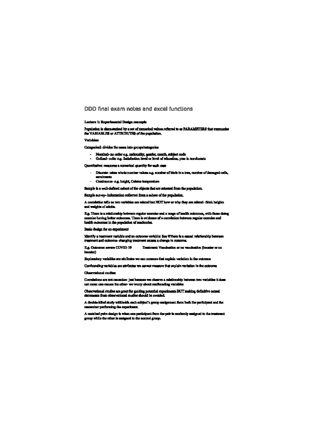 Final Exam Notes: Experimental Design & Excel Functions (Course Code ...