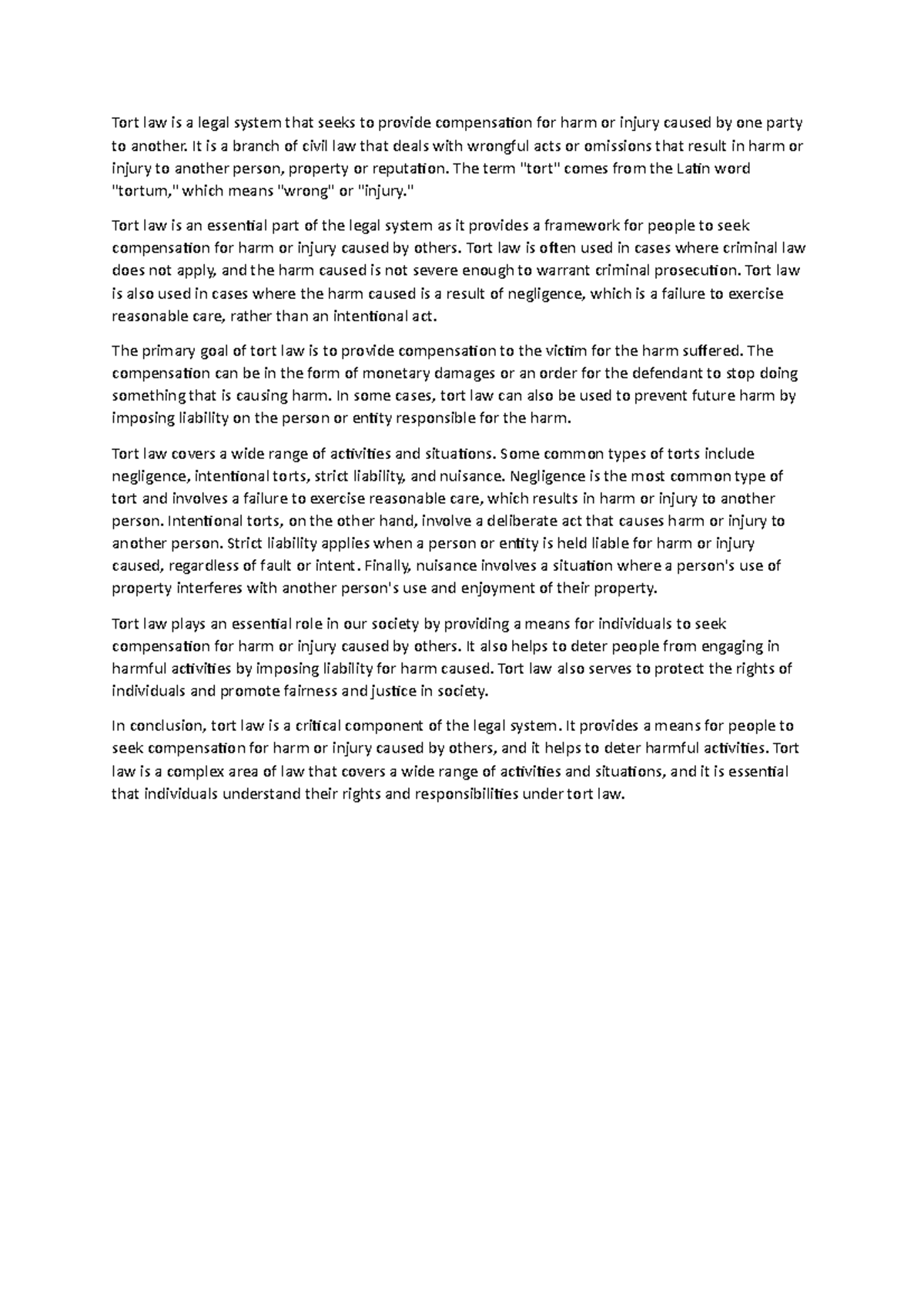 Tort Essay - introduction to tort - Tort law is a legal system that ...