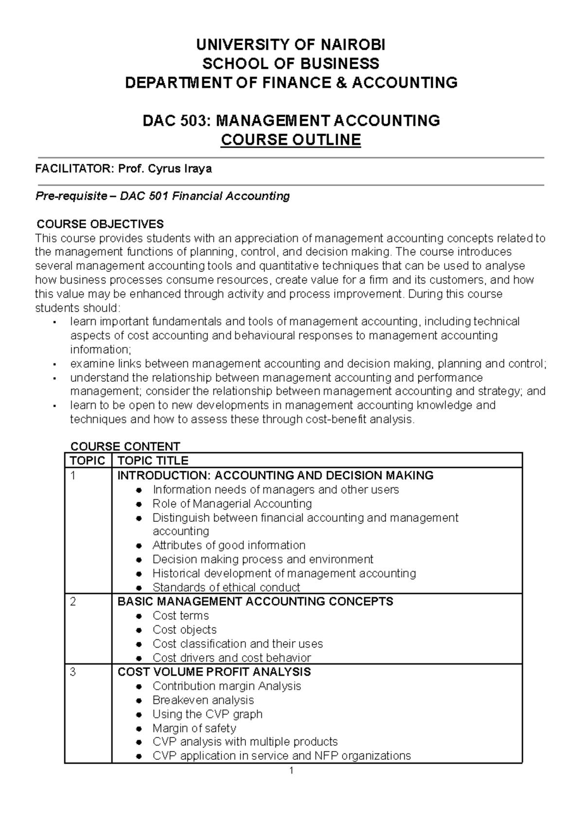 DAC 503: Management Accounting Course Outline - Final Exam - Studocu