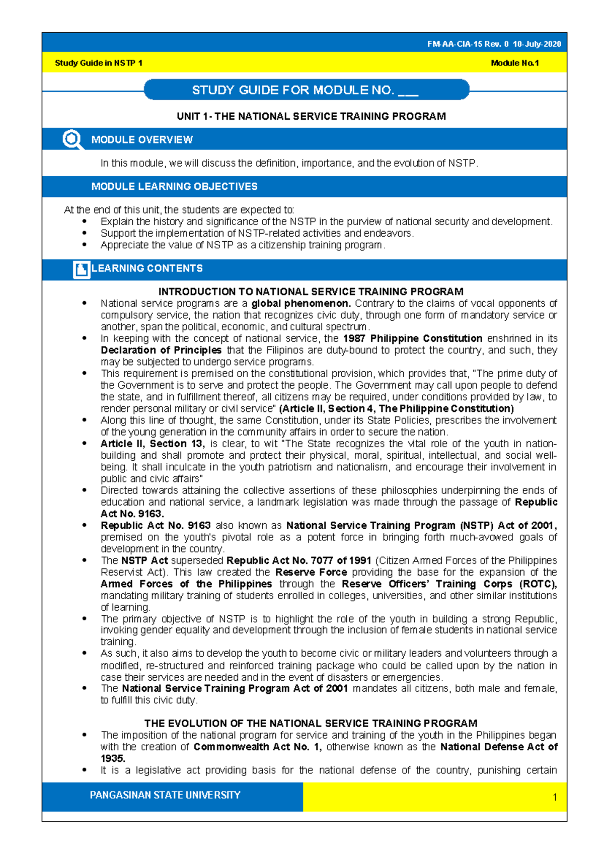NSTP 1 Module 1 Study Guide: Evolution of the National Service Training Program - Studocu