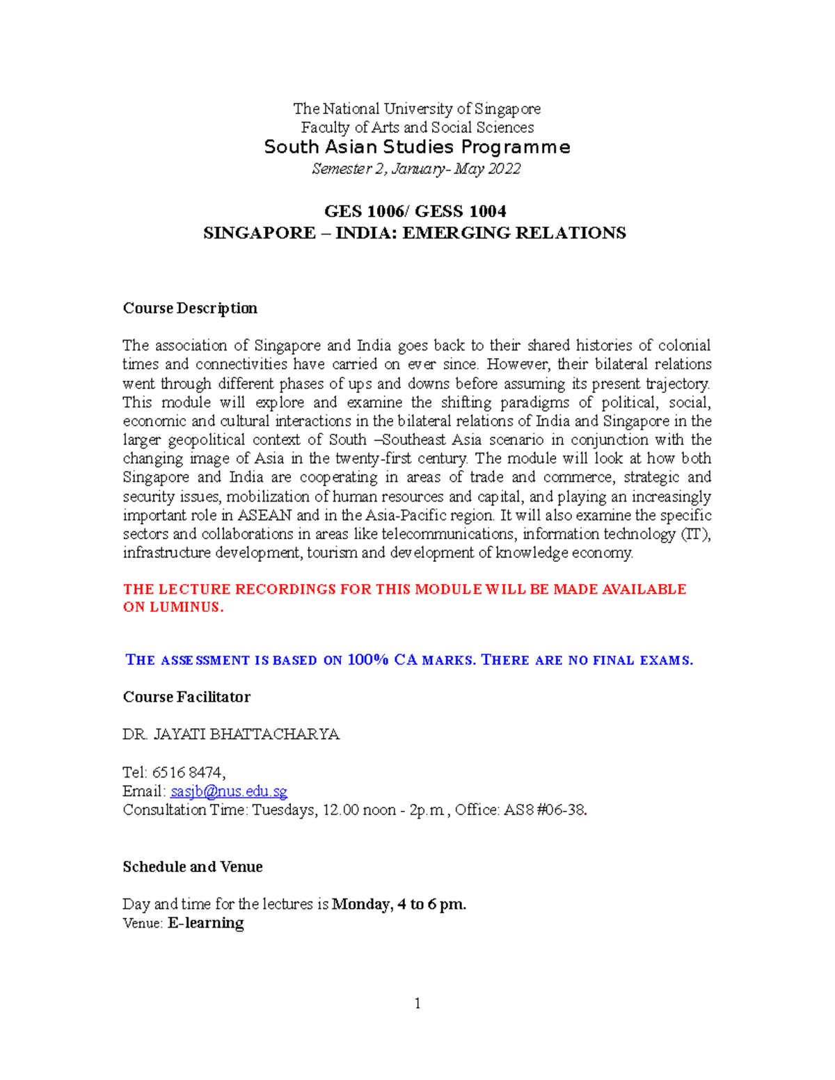 Course Outline- GES1006-GESS1004- Singapore-India Emerging Relations ...