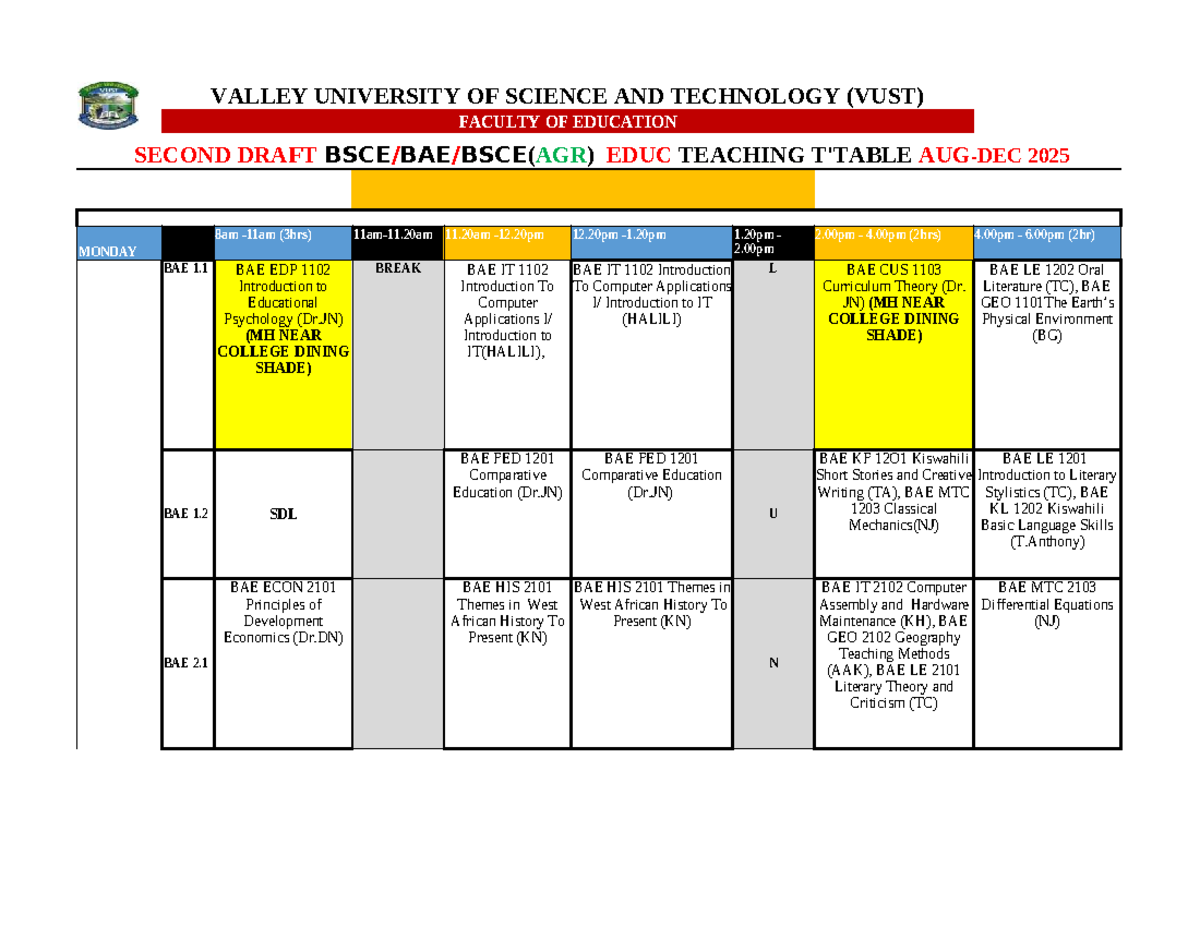 VUST BAE 2025 Faculty of Education Course Schedule and Details - Studocu