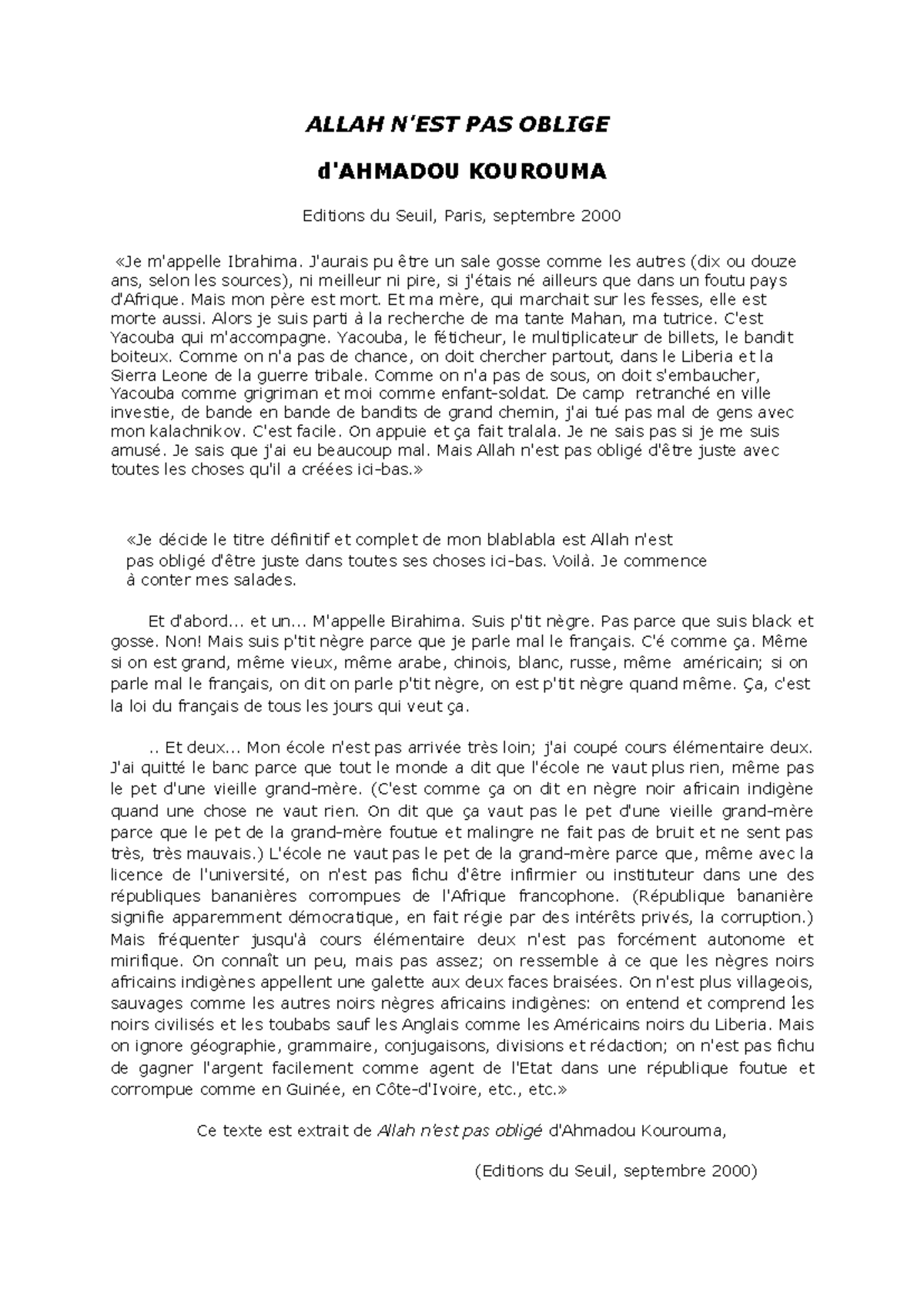 Extraits littéraires de "Allah Pas Obligé" - Doc 8 - Studocu