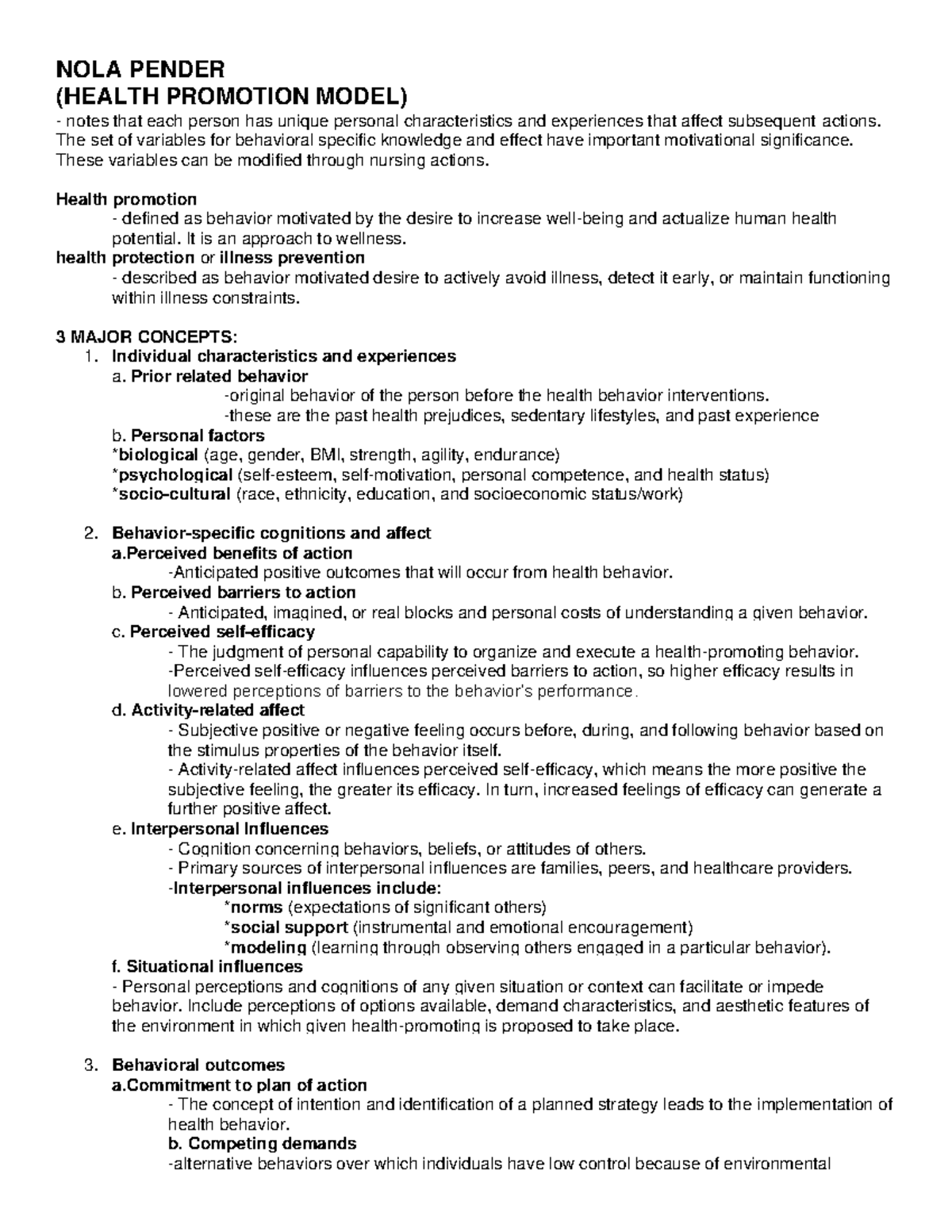 NOLA Pender's Health Promotion Model Review Notes (NURS 320) - Studocu