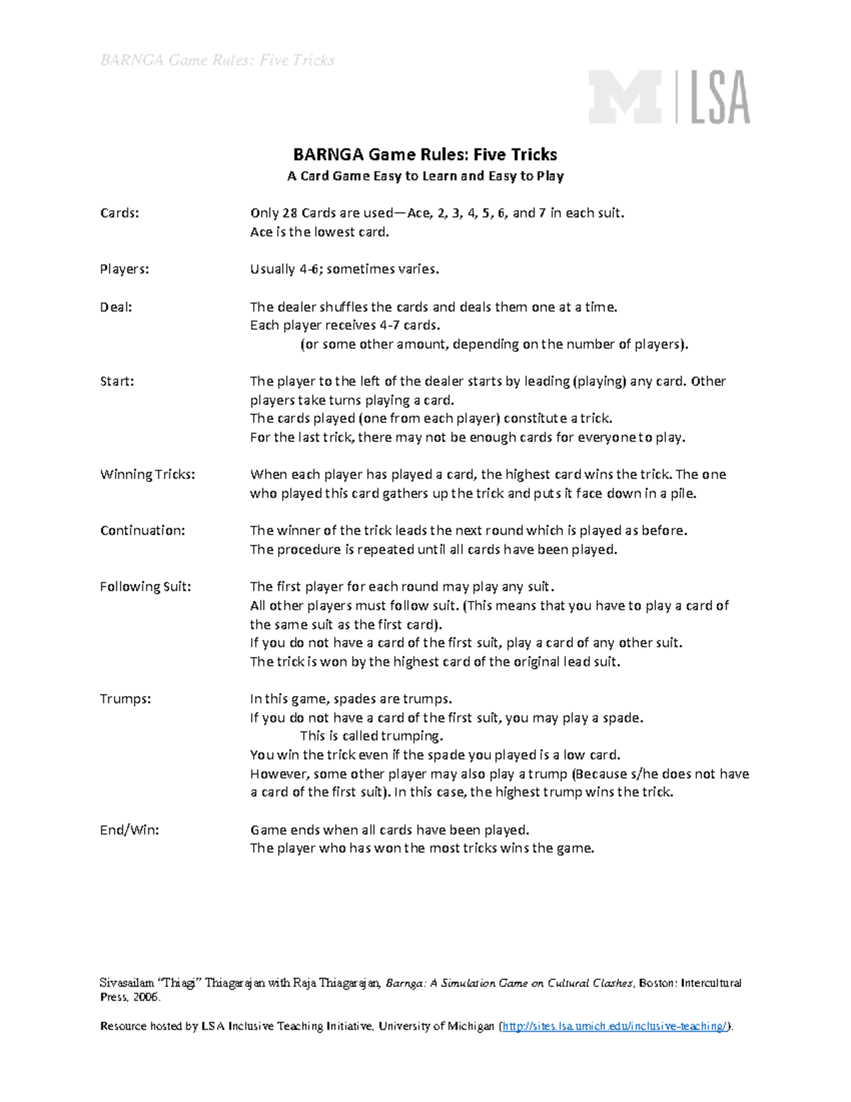 BARNGA Game Rules: Five Tricks for Intercultural Discussion - Studocu